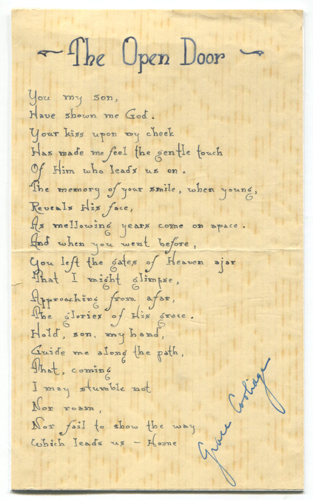 First Lady Grace Coolidge Signed Poem “The Open Door” | Holzman Antiques